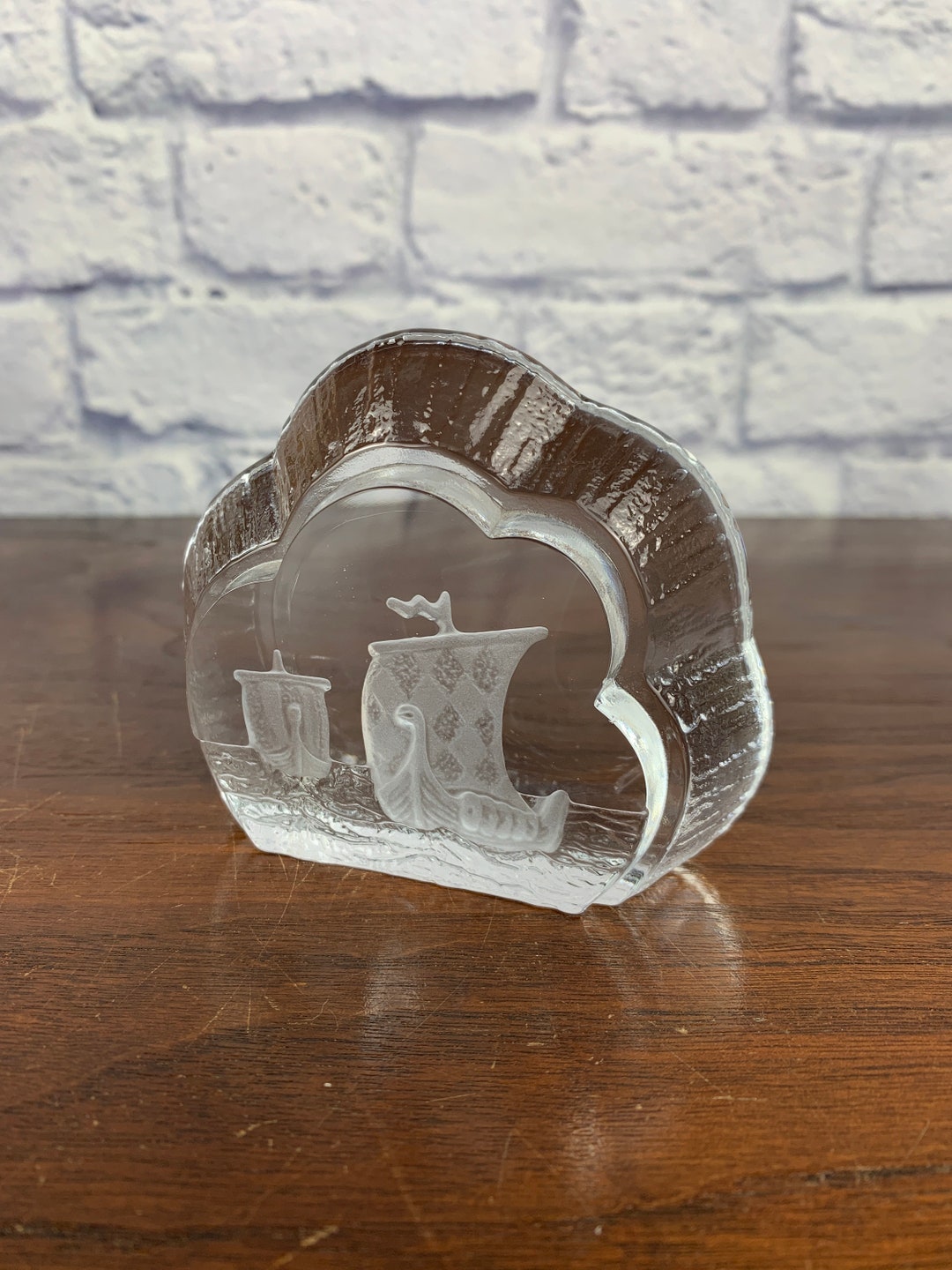 Nybro Clear Glass Viking Ship Paperweight in Original Box Signed ...