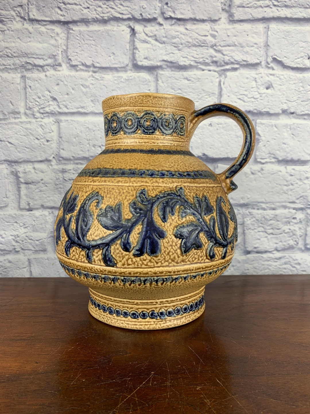 Stein Keramik 71/22 Tan and Blue Pitcher With Floral Vine Pattern Mid ...