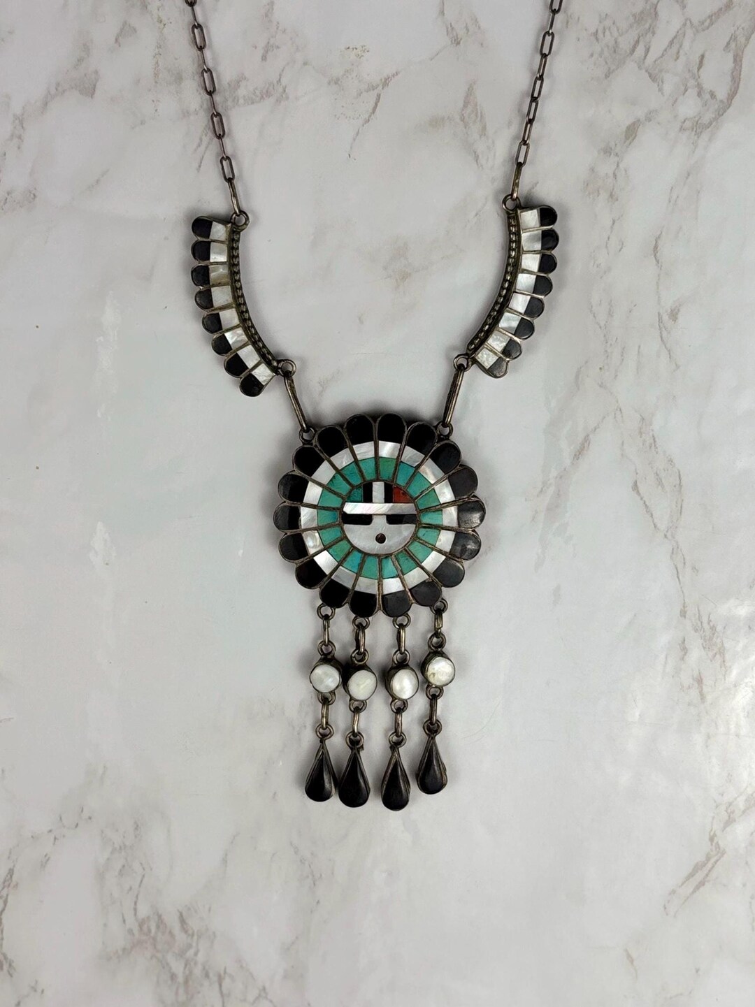 Zuni Sterling Silver Sun Face Inlay Necklace With Onxy, Turquoise, and ...