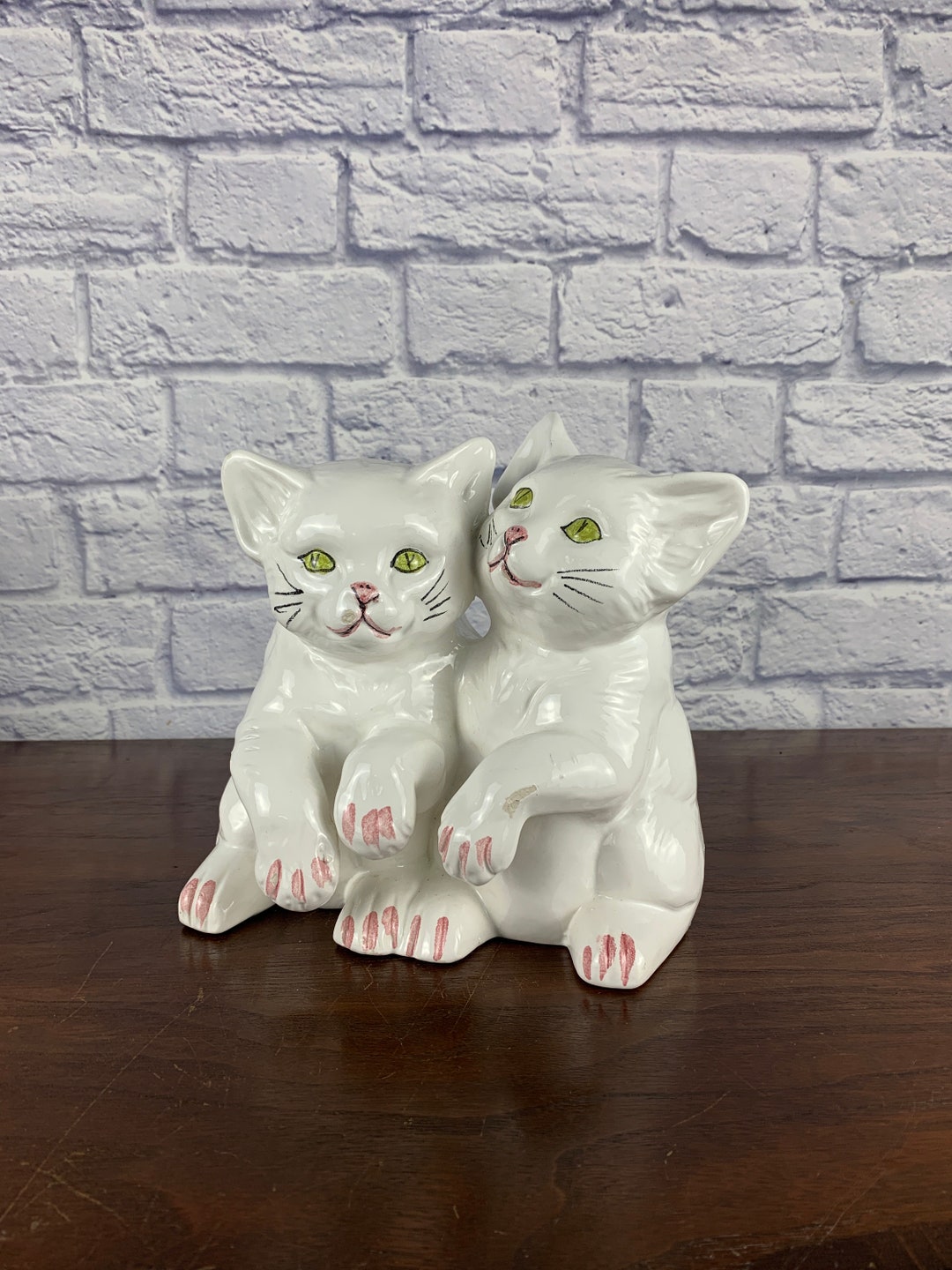 Large Bellini Two White Ceramic Cats With Green Eyes Figurine Mid ...