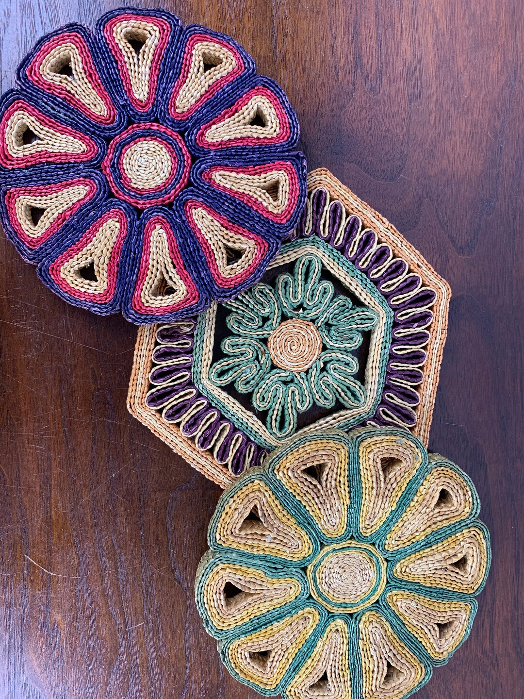 Colorful Rattan Woven Trivets Set of Threeassorted Colors Vintage ...