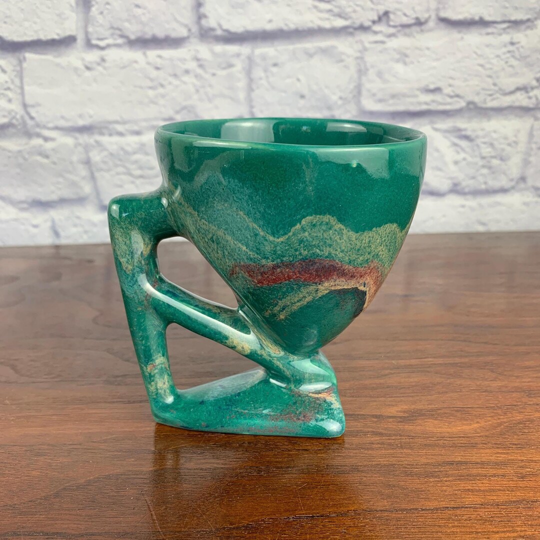 Charles Nalle Coffee Cup With Geometric Handle Green and Pink Signed by ...