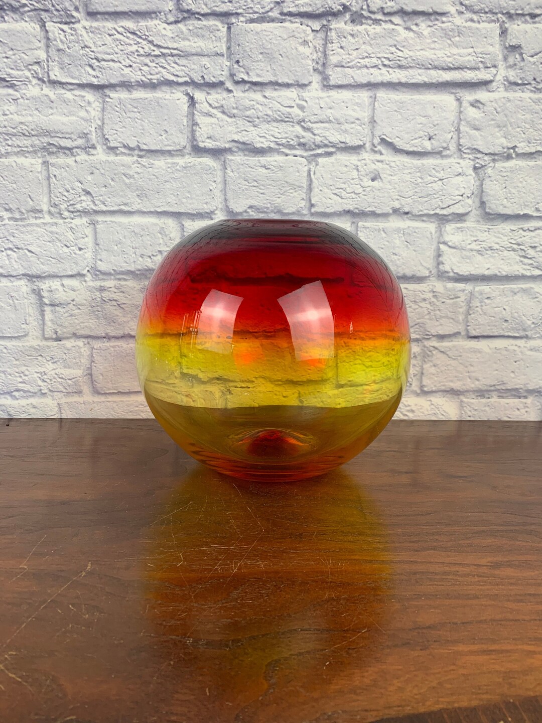 Blenko Amberina Globe Vase 7115L Mid Century Modern Glass Ball Red and ...