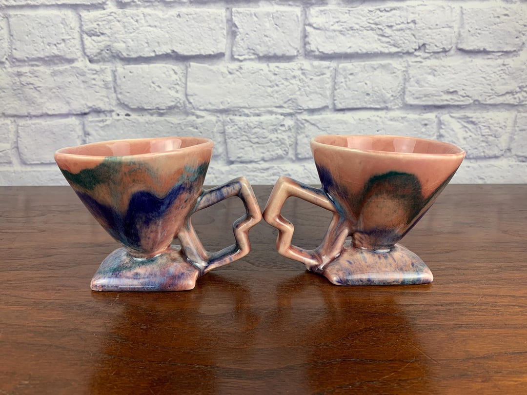 Pair of Charles Nalle Coffee Mugs With Geometric Handles Pink and Blue ...