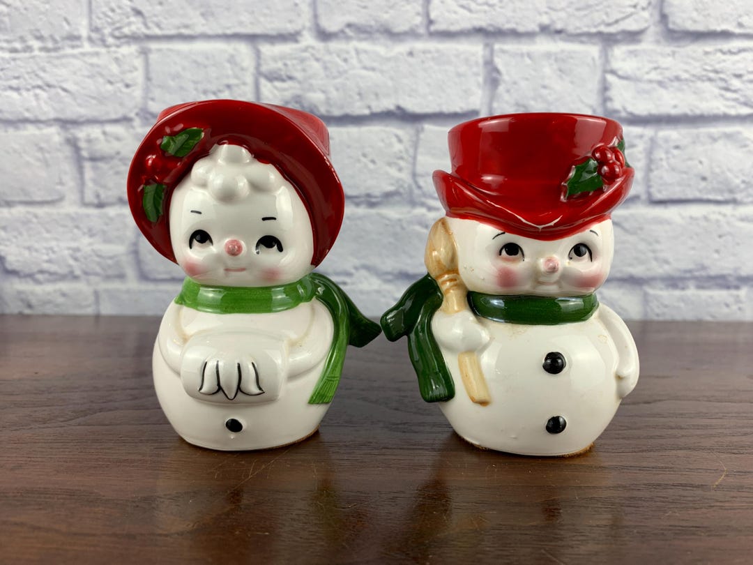 Lefton Mr. and Mrs. Snowman Ceramic Candleholders Vintage Winter and ...
