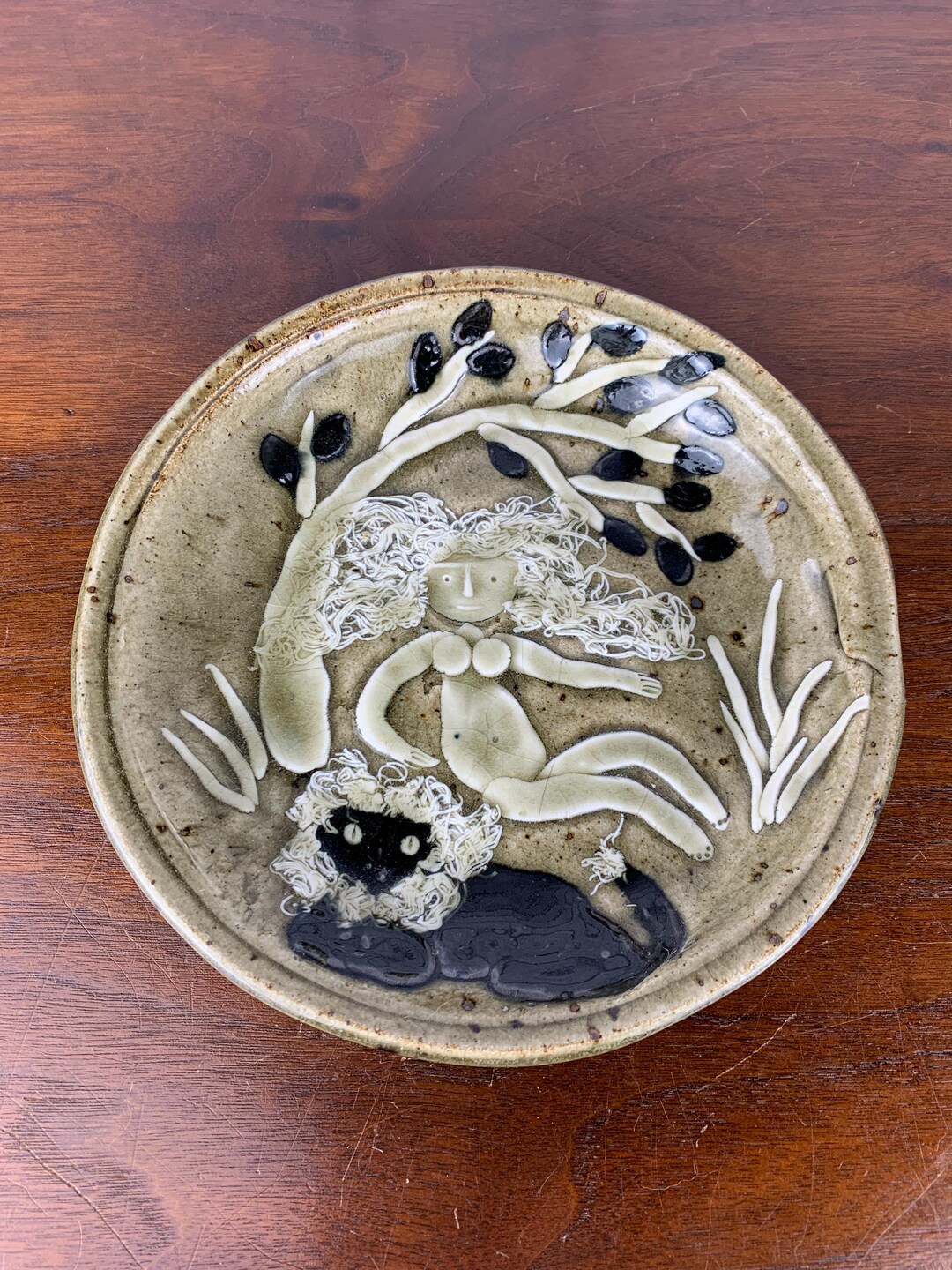 Solveig Cox Pottery Shallow Pasta Bowl Lady With Lion Mid Century ...