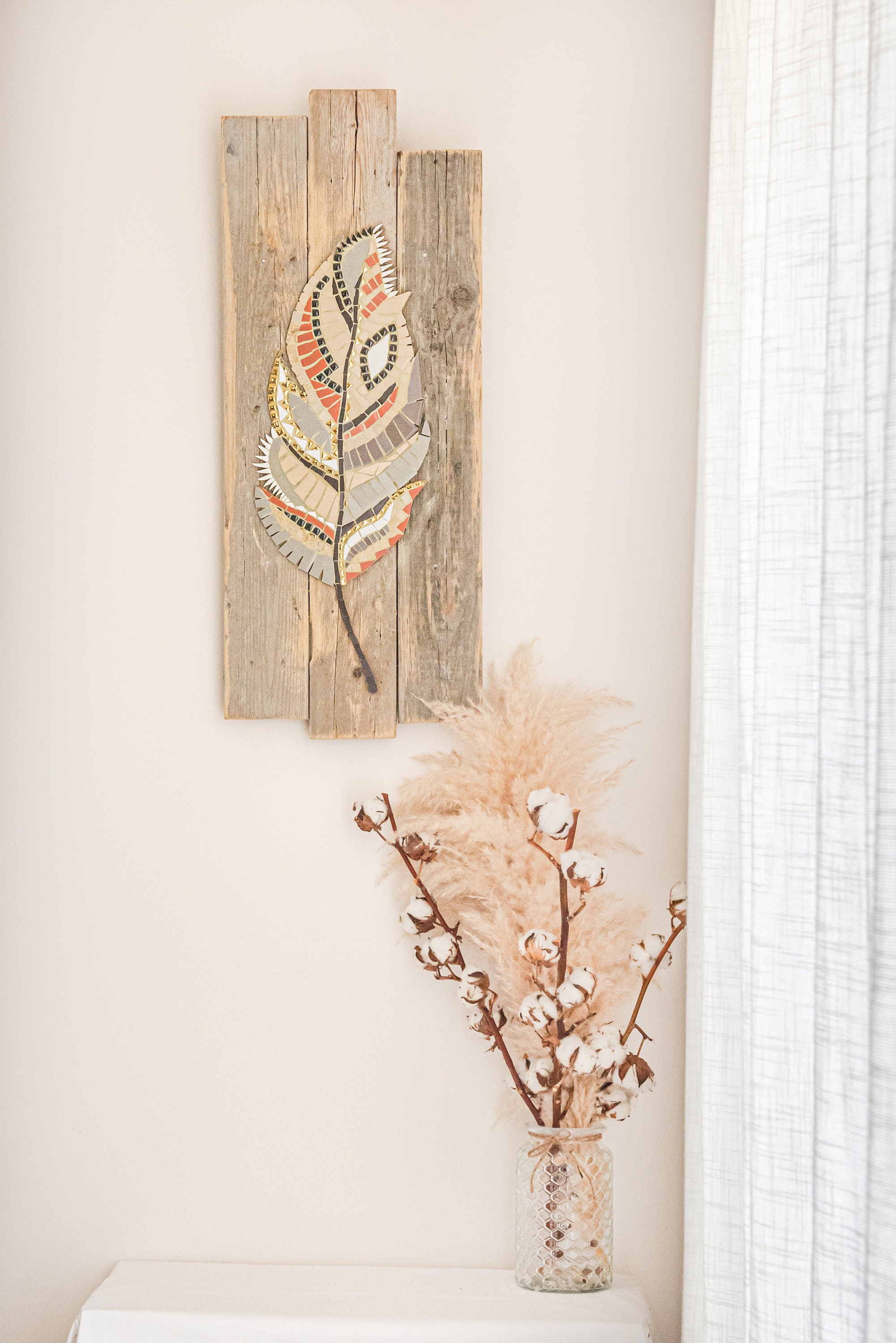 Feather Wall Art, Custom Made Mosaic on Wood, Feather Art Set, Feather ...