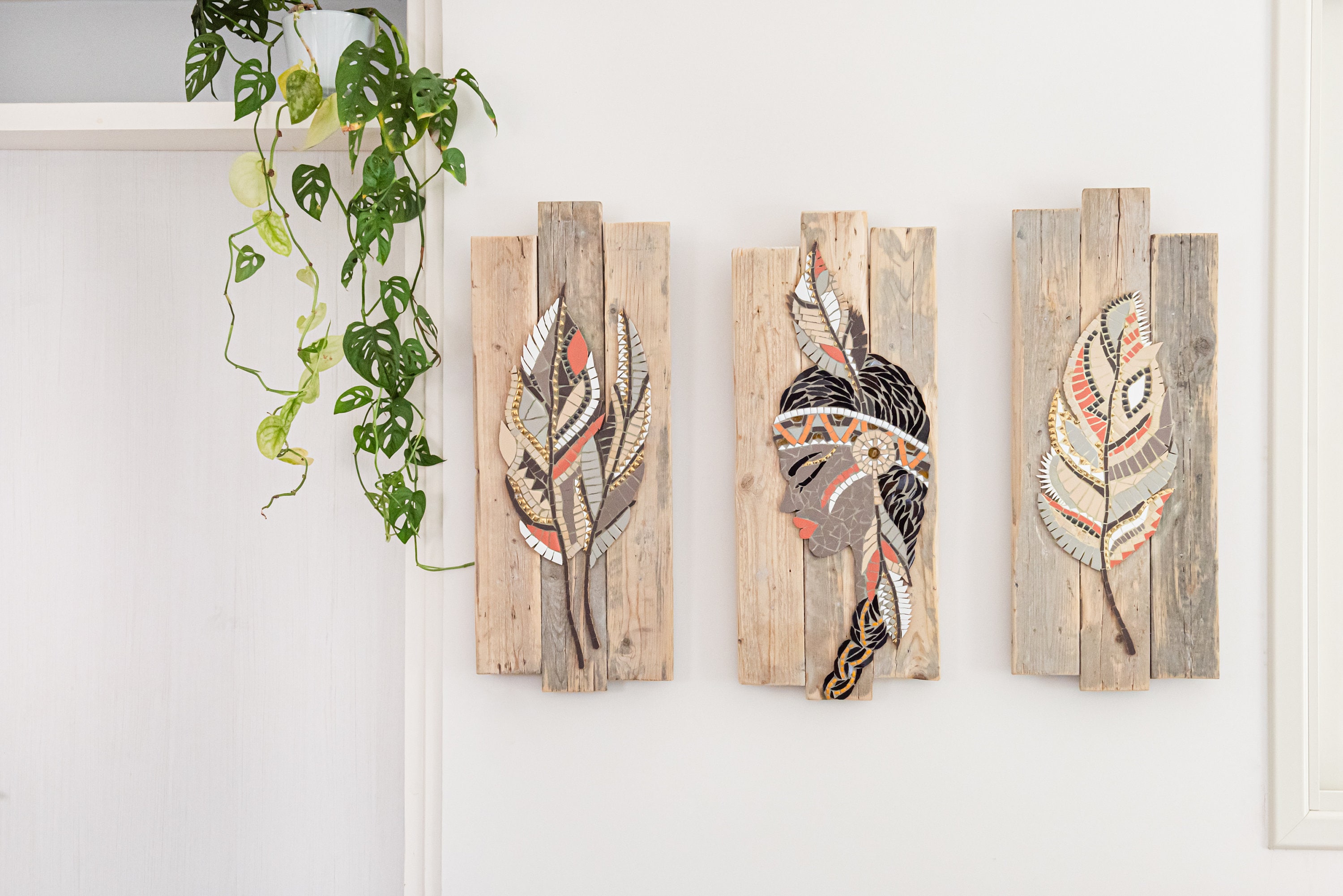 Feather Wall Art, Custom Made Mosaic on Wood, Feather Art Set, Feather ...