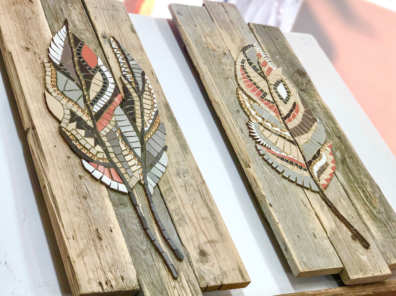 Feather Wall Art, Custom Made Mosaic on Wood, Feather Art Set, Feather ...