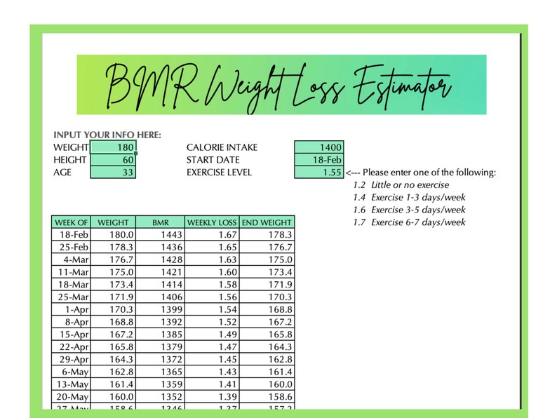 Digital Weight Loss Tracker & BMR Weight Loss Estimator - Etsy