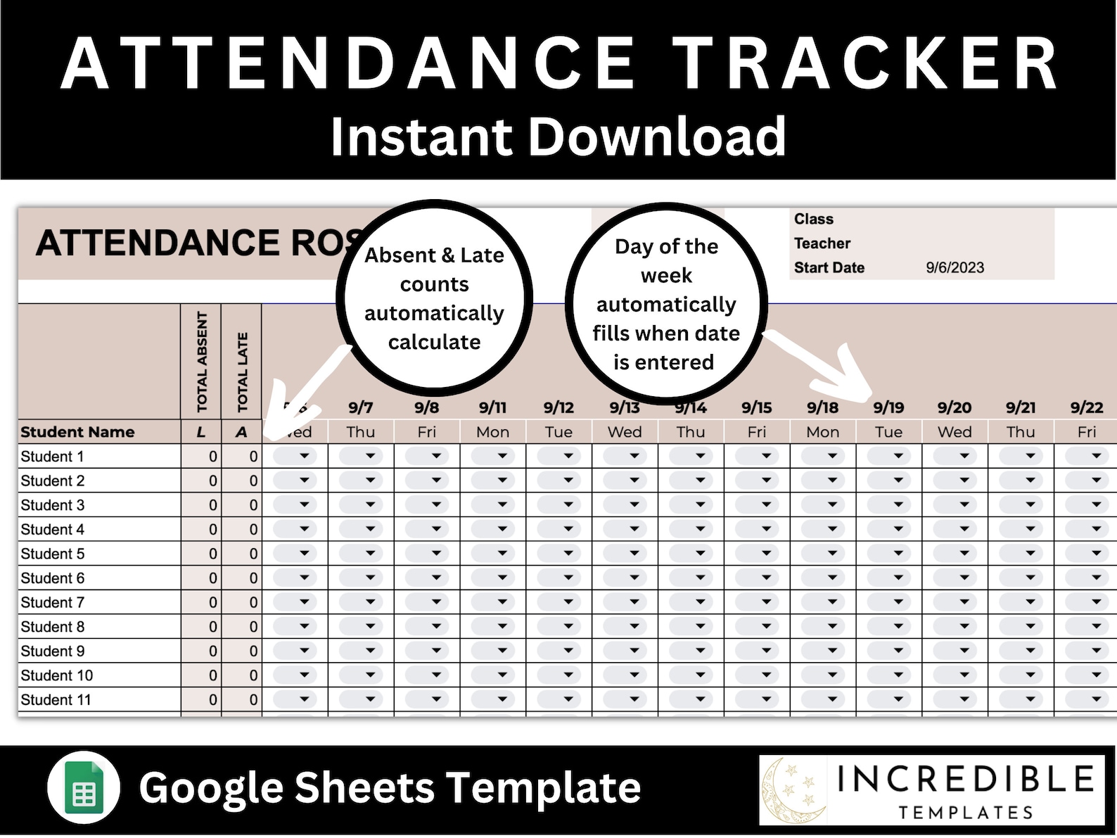 Attendance Sheet Template | Google Sheets, Excel Template, Printable ...