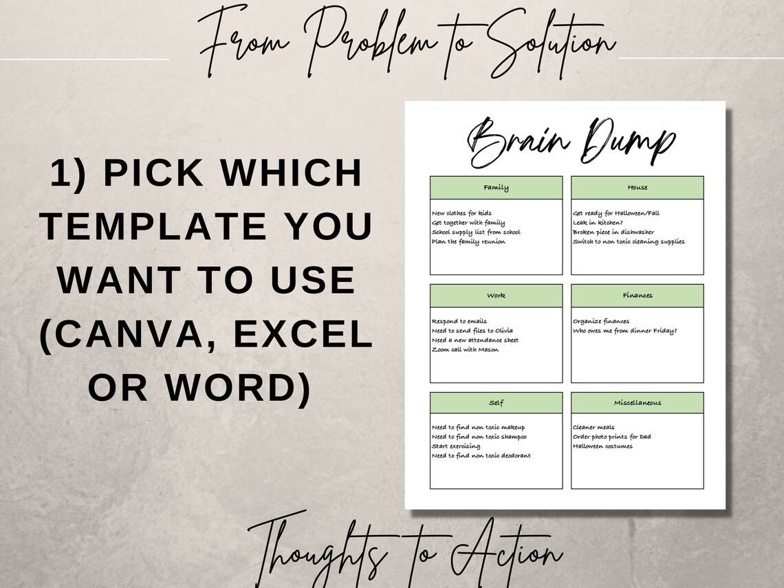 BRAIN DUMP PRINTABLE Template | Thought Organizer, Excel Tempate, Word ...