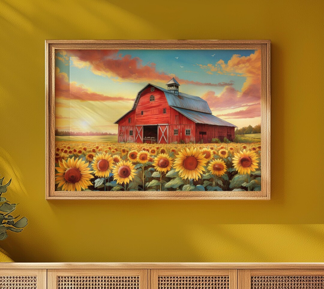 Sunflowers and Barn,red Barn, Rural Art Print, Country Barns ...