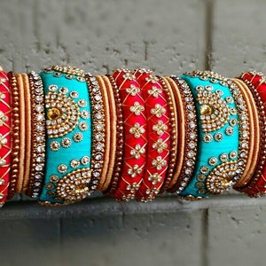 Indian Bridal Bangles Teal Blue, Red & Gold Set of 22 Silk Thread ...