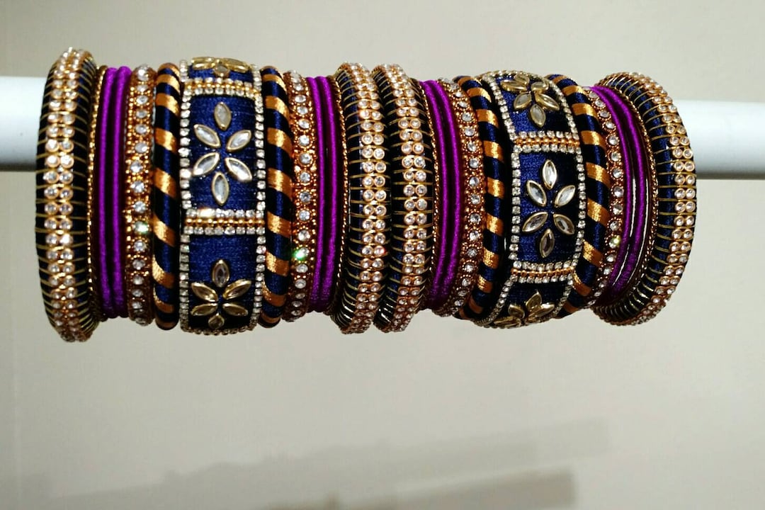Indian Bridal Bangles Navy Blue, Purple & Gold Set of 26 Silk Thread Bridal Bangles for Both ...