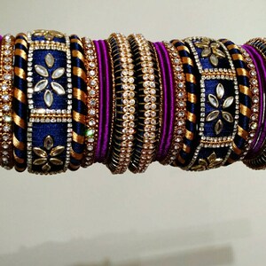 Indian Bridal Bangles Navy Blue, Purple & Gold Set of 26 Silk Thread Bridal Bangles for Both ...