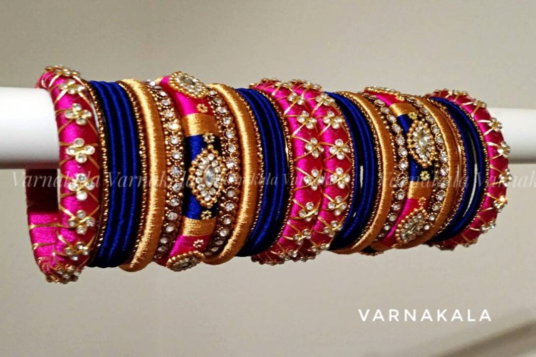 Silk Thread Bridal Bangles Set Hot Pink, Blue & Gold Set of 34 Full Set Bollywood Asian Bangles ...
