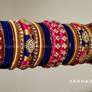 Silk Thread Bridal Bangles Set Hot Pink, Blue & Gold Set of 34 Full Set Bollywood Asian Bangles ...