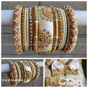 Indian Bridal Designer Handmade Bangles Pearl Ivory White & Gold Set of 26 Silk Thread Bridal ...