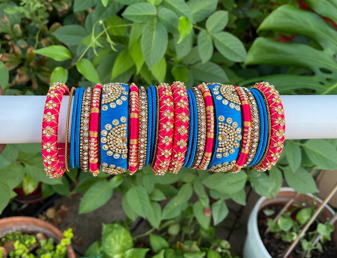 Silk Thread Bangles Indian Bridal Designer Handmade Bangles Red, Pink & Gold Set of 26 Silk ...