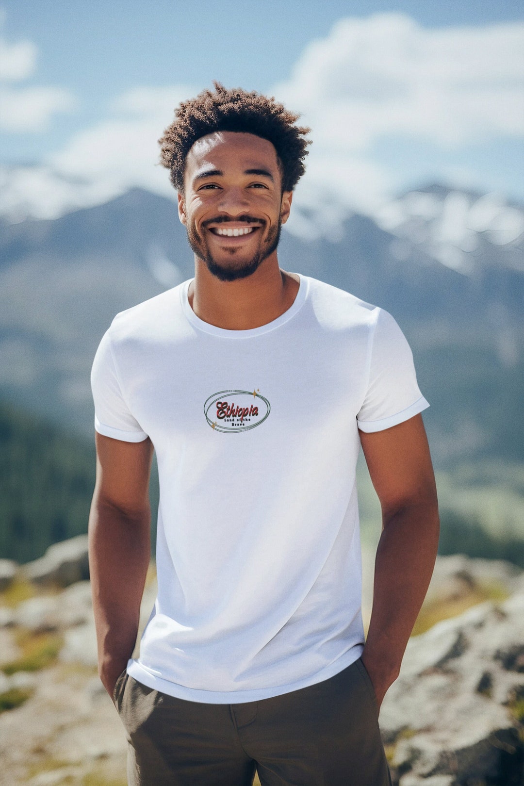 Ethiopian T-shirt, ' Ethiopia, Land of the Brave' . Men's Cotton Crew ...