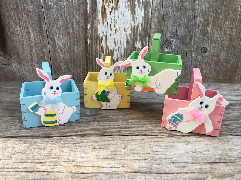 Vintage Miniature Wooden Easter Baskets With Rabbits - Etsy