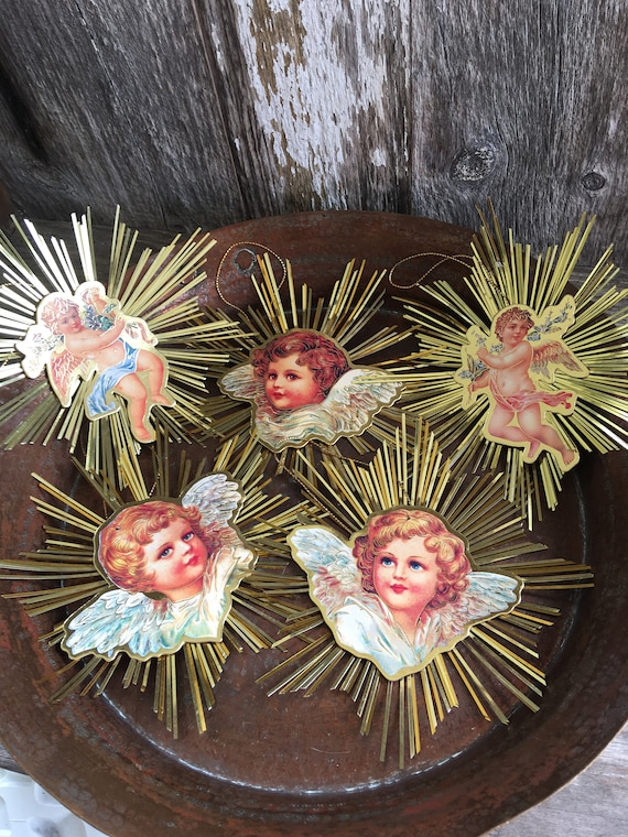 Set of 5 Vintage Cardboard Angel Ornaments With Gold Starburst | Etsy