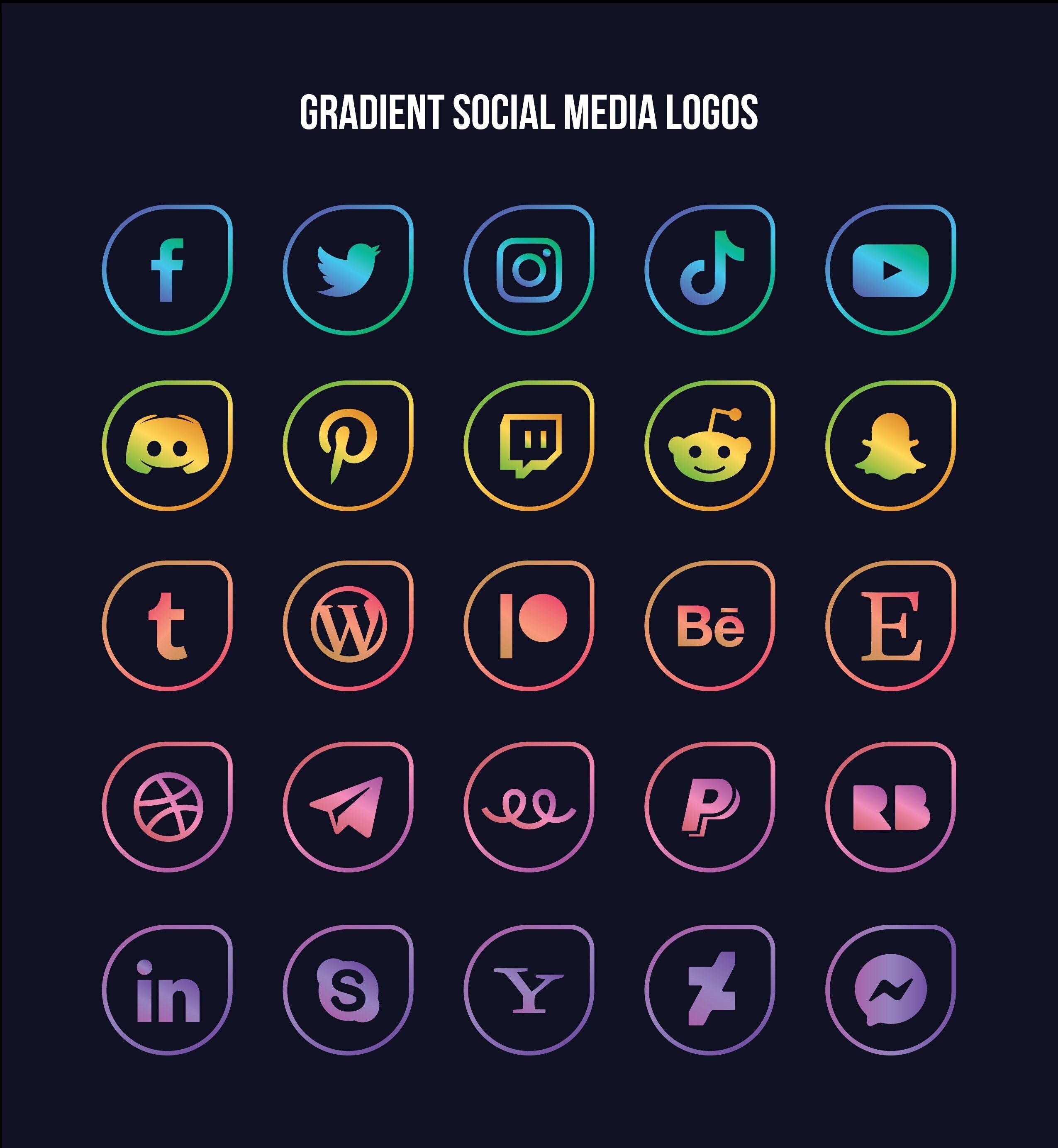 Gradient Social Media Icons, 25 Print-ready Digital Logos, 5 Gradient ...