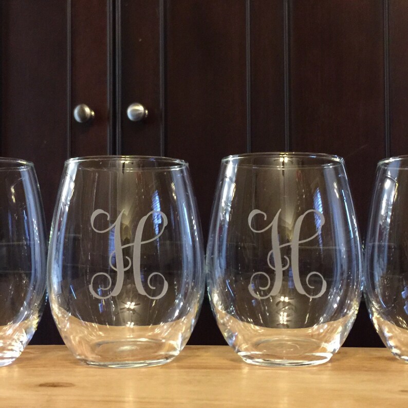 Etched Monogram Stemless Wine Glasses Set of 4 | Etsy