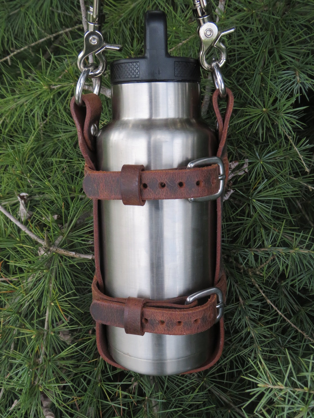 Adjustable Full Grain Leather Water Bottle Carrier With Shoulder Strap ...