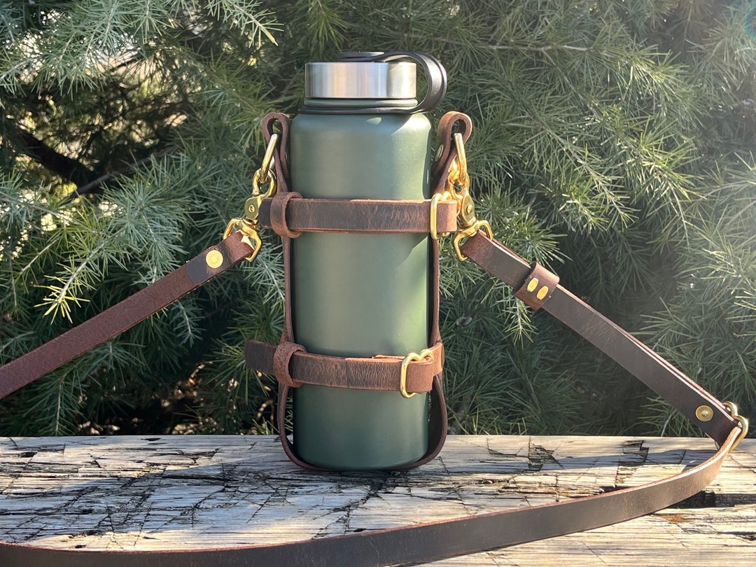 Adjustable Full Grain Leather Water Bottle Carrier With Shoulder Strap ...