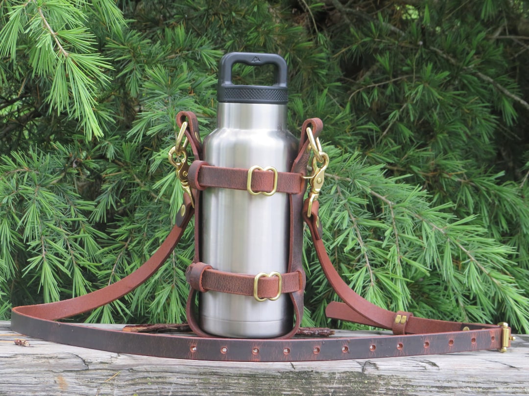 Adjustable Full Grain Leather Water Bottle Carrier With Shoulder Strap ...
