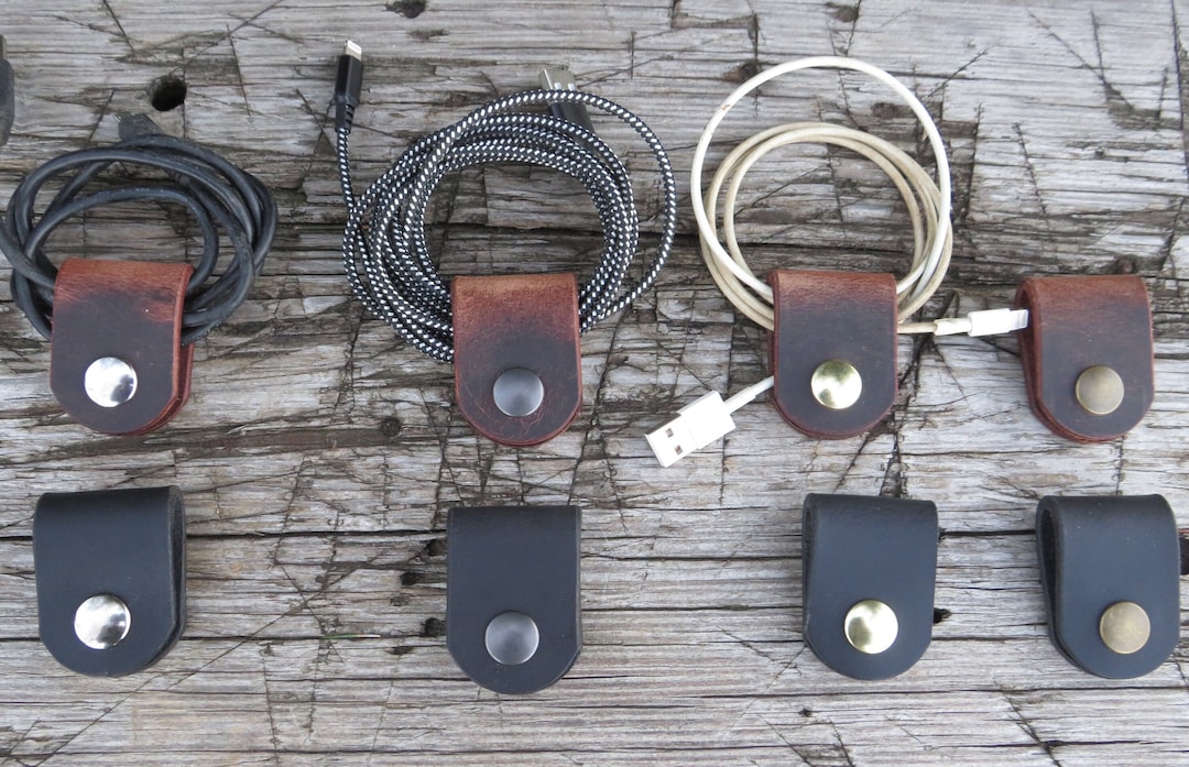 Set of 3 Full Grain Leather Cord Keeper, Cord Holder Leather Cable ...