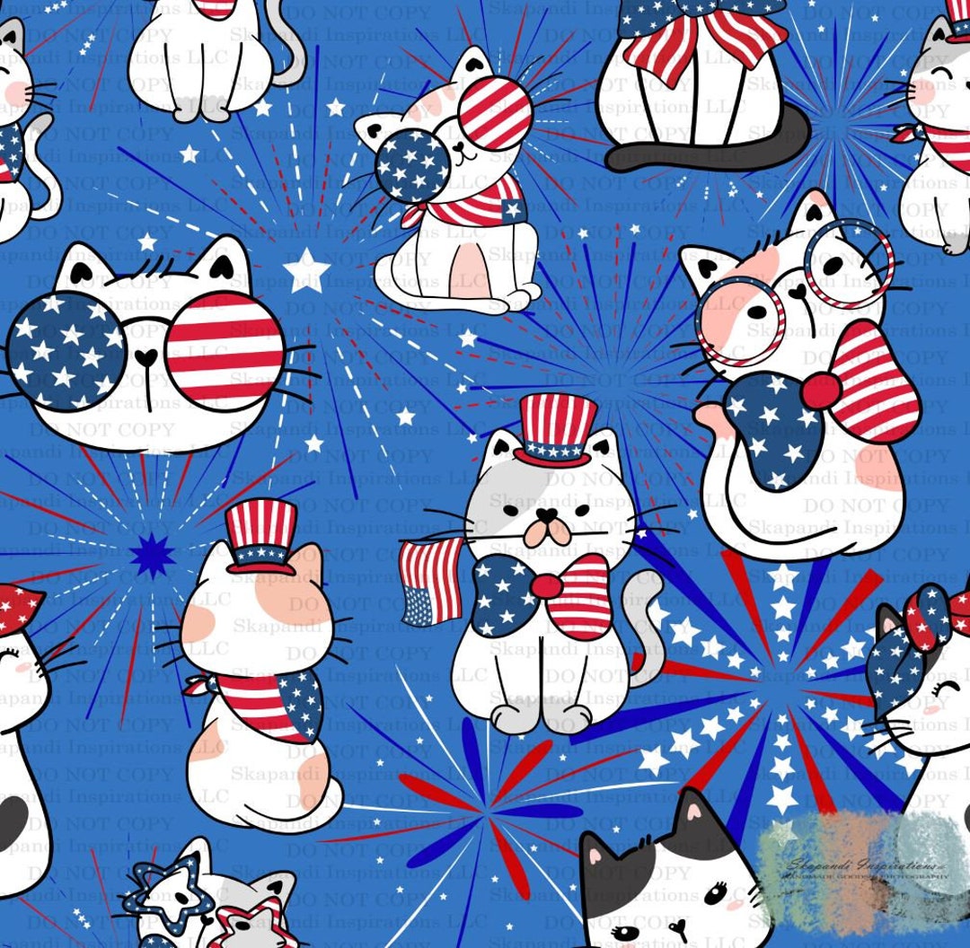 4th of July Cats - Blue Background - Seamless Digital File - Etsy
