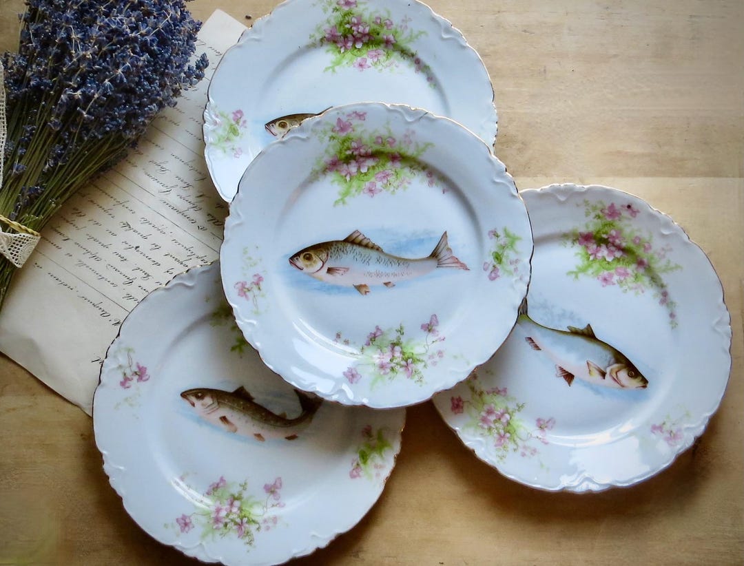 Antique Hand-painted Fish Plates - Austrian Cottagecore Dessert Dishes ...