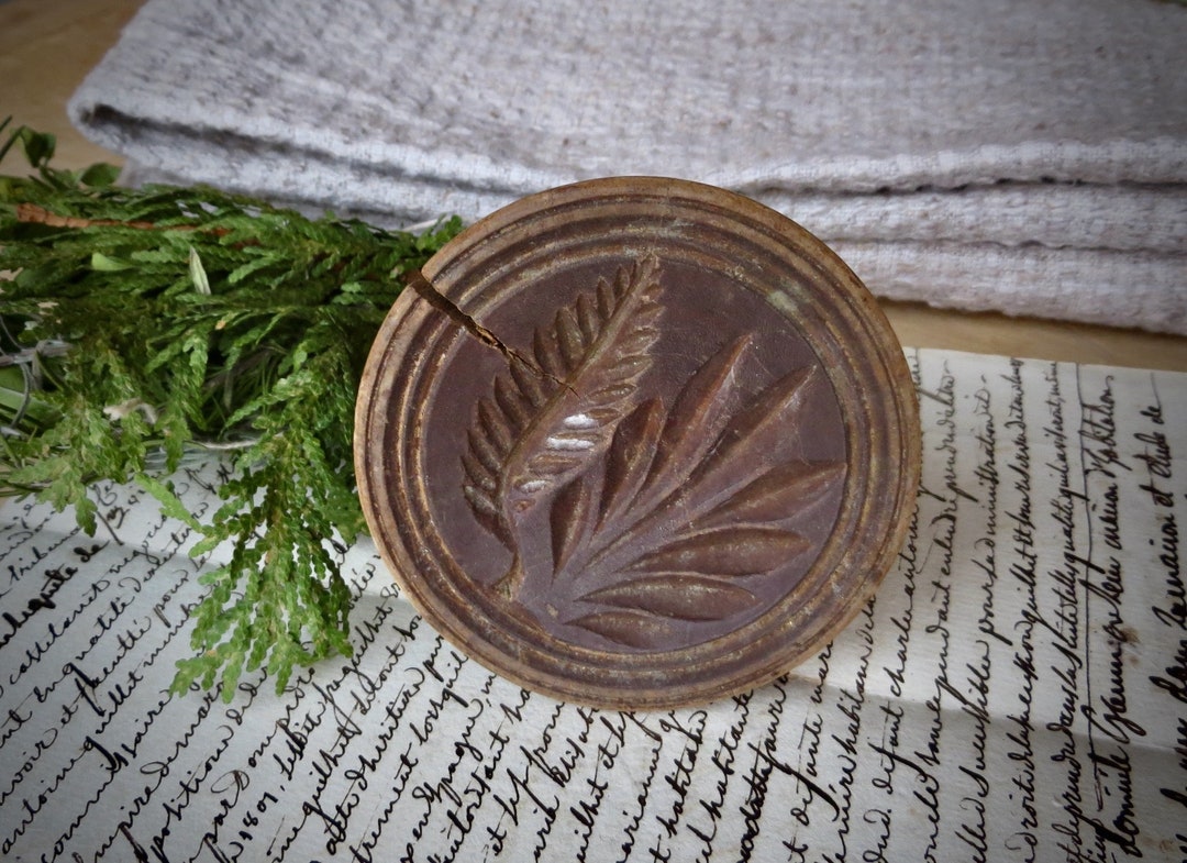 Antique Wooden Butter Stamp Mold Hand Carved Leaves Rustic Kitchen ...