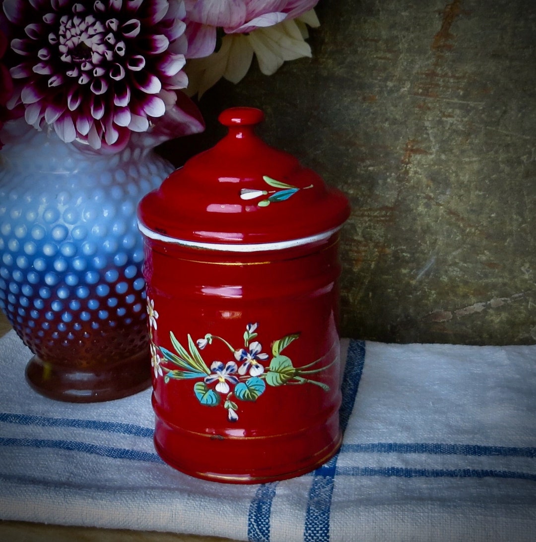 Vintage French Red Enamel Canister Violets Rustic Enamelware ...