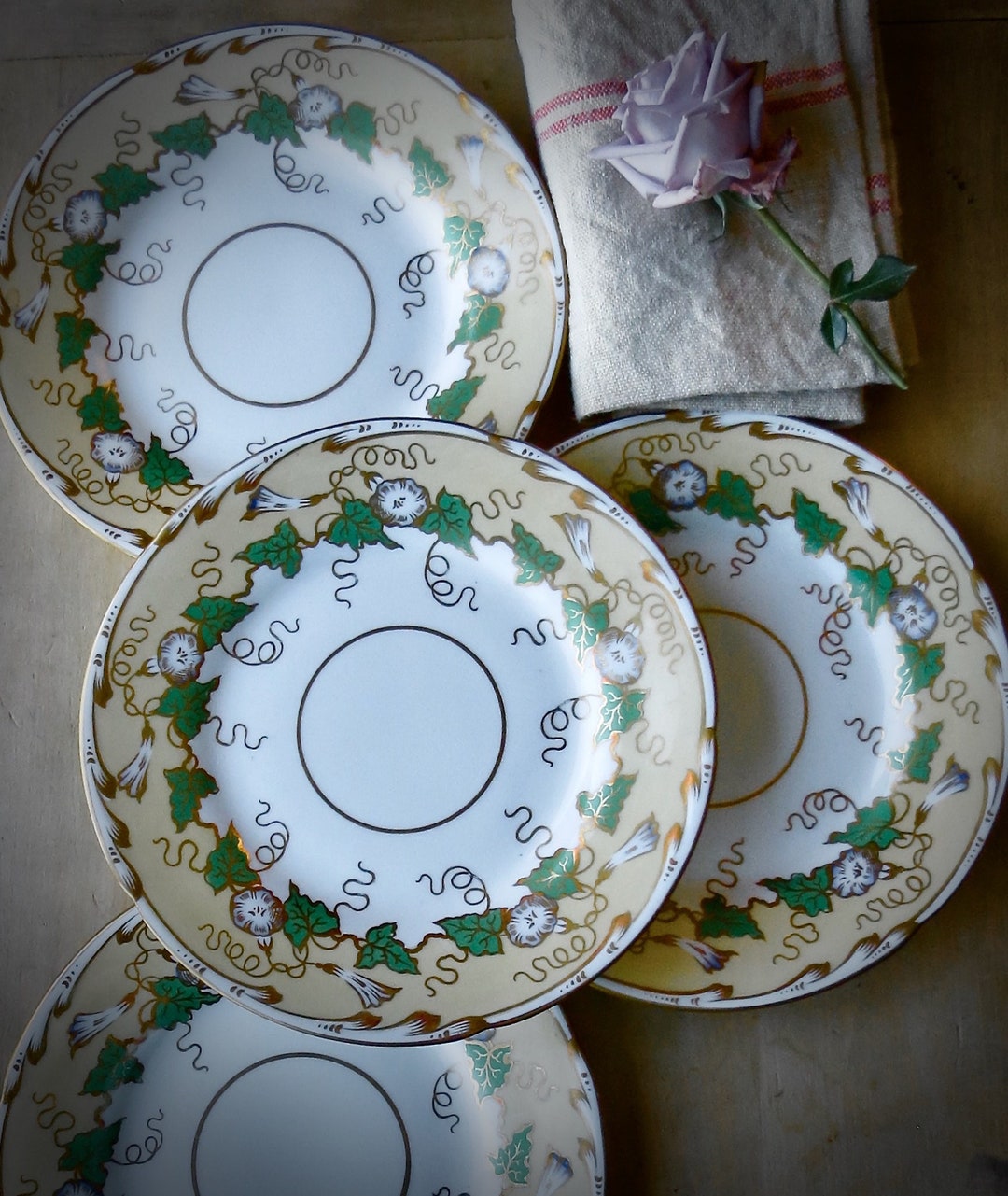 Antique Morning Glories Plates 1800s Hand Painted Set of Four Dishes ...