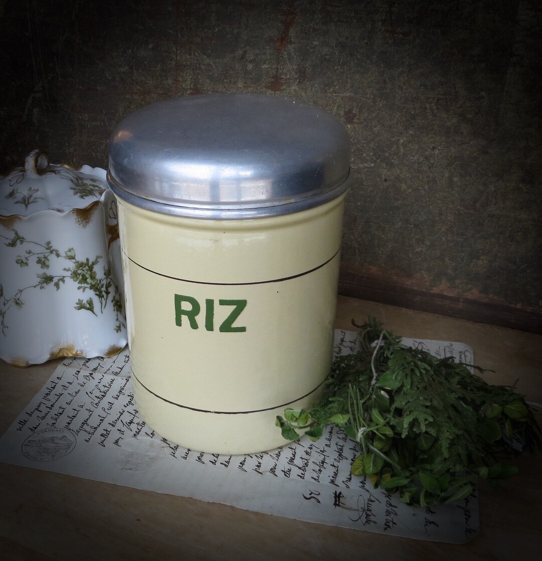 Vintage French Rice Canister Rustic Kitchen Tin Storage Jar Yellow and ...