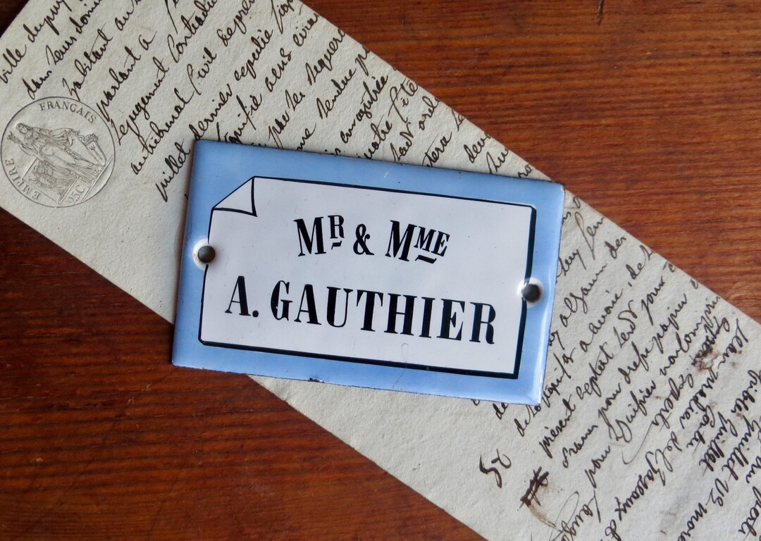 Vintage French Enamel Name Plate Blue and White Enamelware Plaque ...