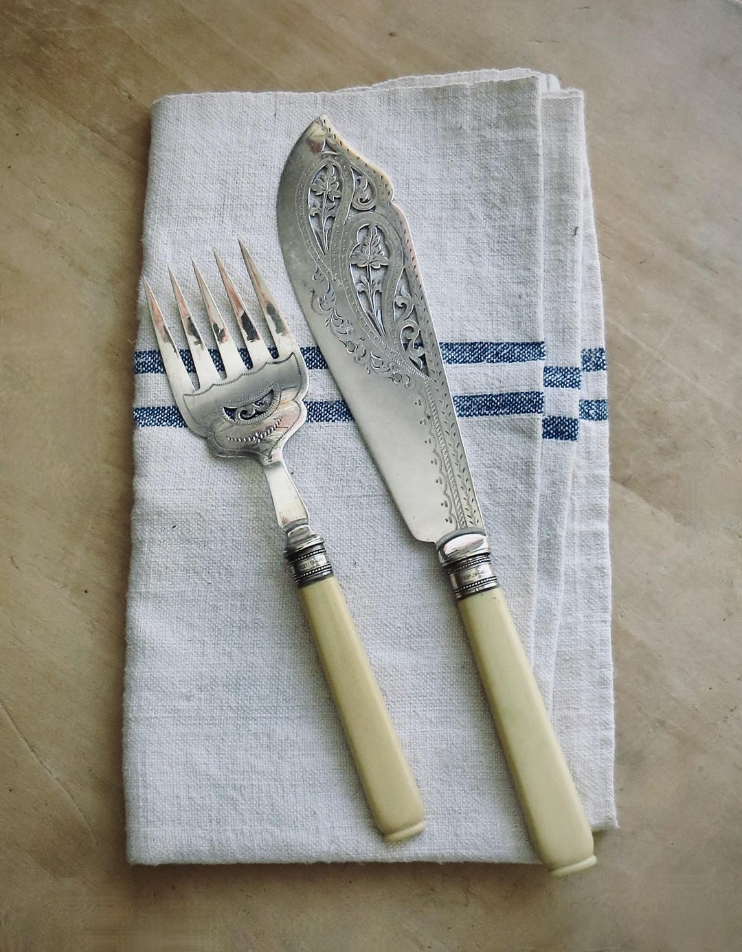 Vintage Knife and Fork Fish Set Faux Bone Handles Engraved Serving ...