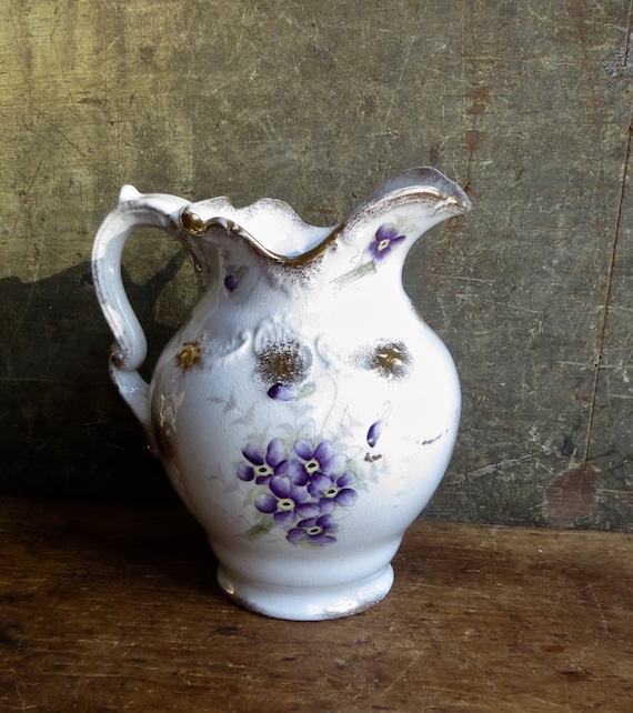Vintage Pitcher Violets Purple Flowers Water Jug Hand Painted | Etsy