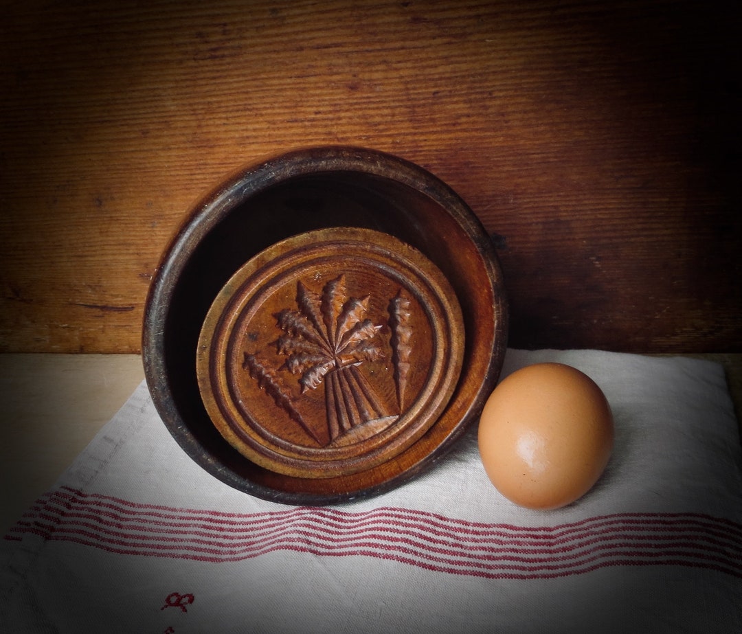 Large Antique Wooden Butter Stamp Mold Primitive Hand Carved Kitchen ...