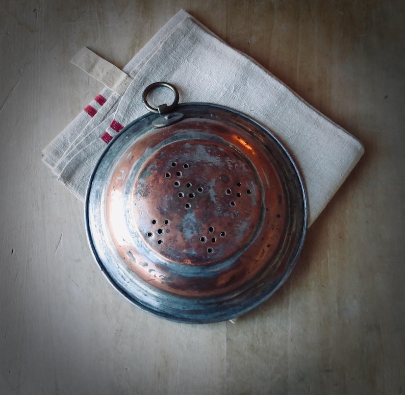 French Vintage Copper Colander Sieve Pan Rustic Sifter Kitchen Utensil ...
