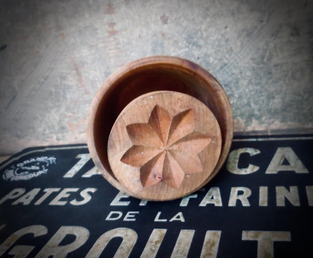 Antique Wooden Butter Stamp Mold Star Flower Hand Carved Rustic Kitchen ...