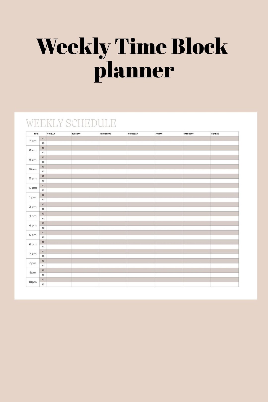 Weekly Time Block Schedule Printable- Monday to Sunday | Half-hourly ...