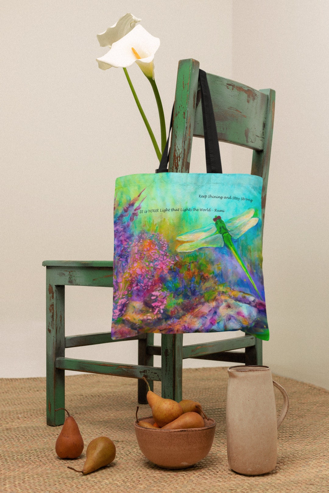 Tote Bag With RUMI Quote Flowers and Dragonfly, Market Bag, Lined ...