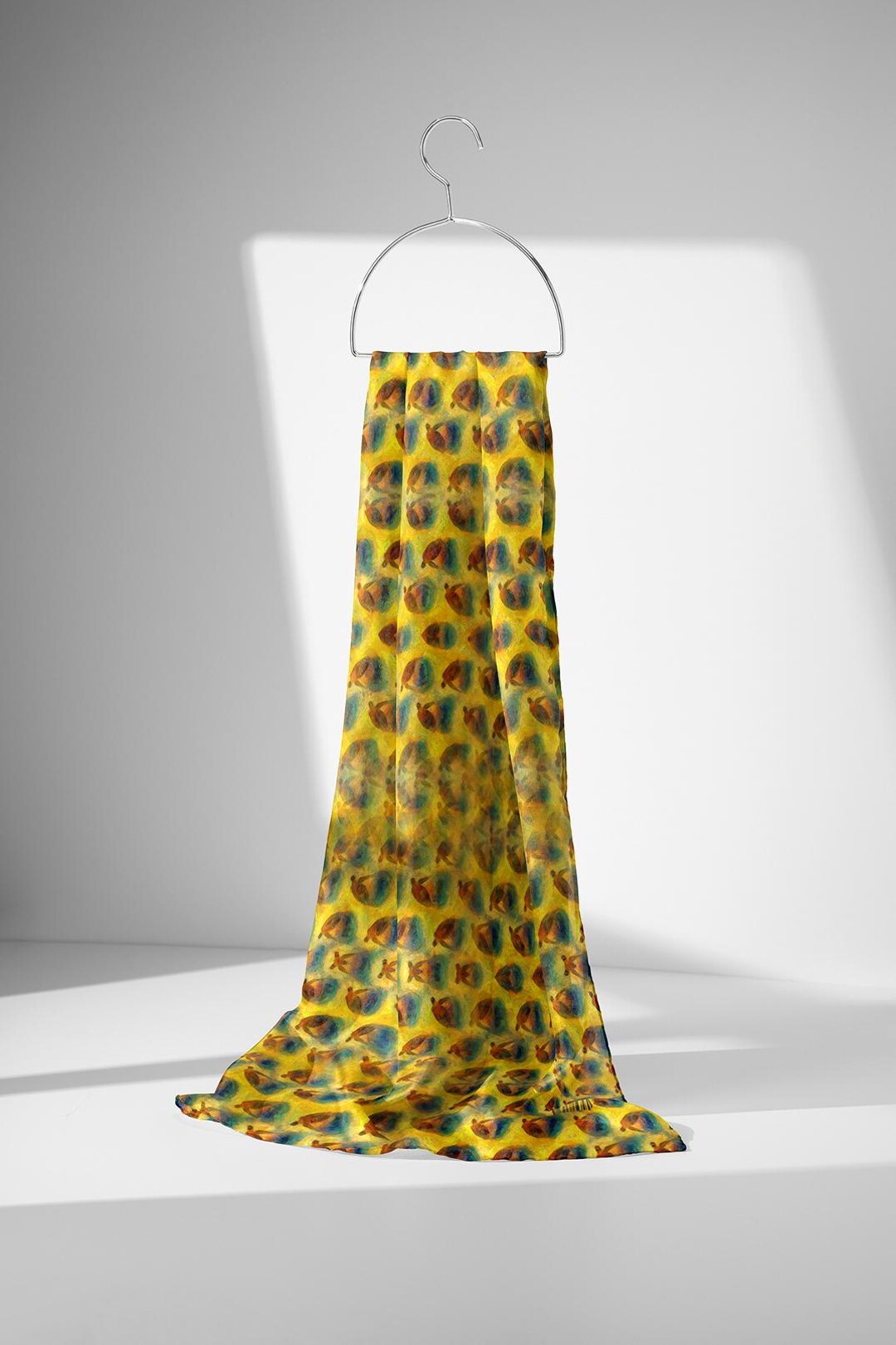 Silk Scarf, Long Scarf With Sea Turtles, Yellow Gold Scarf, Brown ...