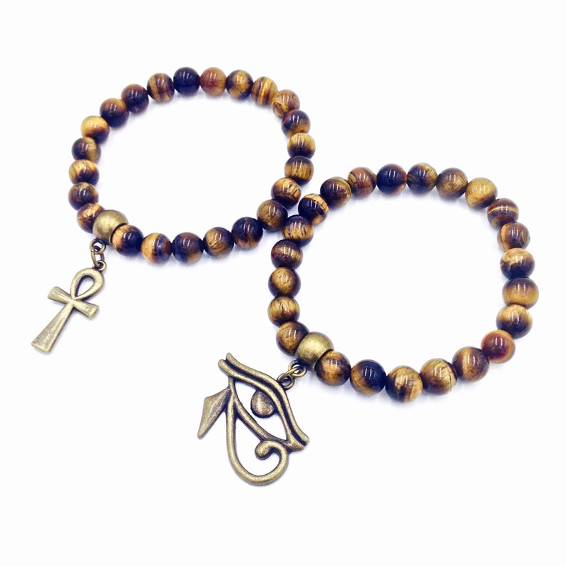 Tigers Eye and Bronze Eye of Heru and Ankh Bracelet Set / - Etsy
