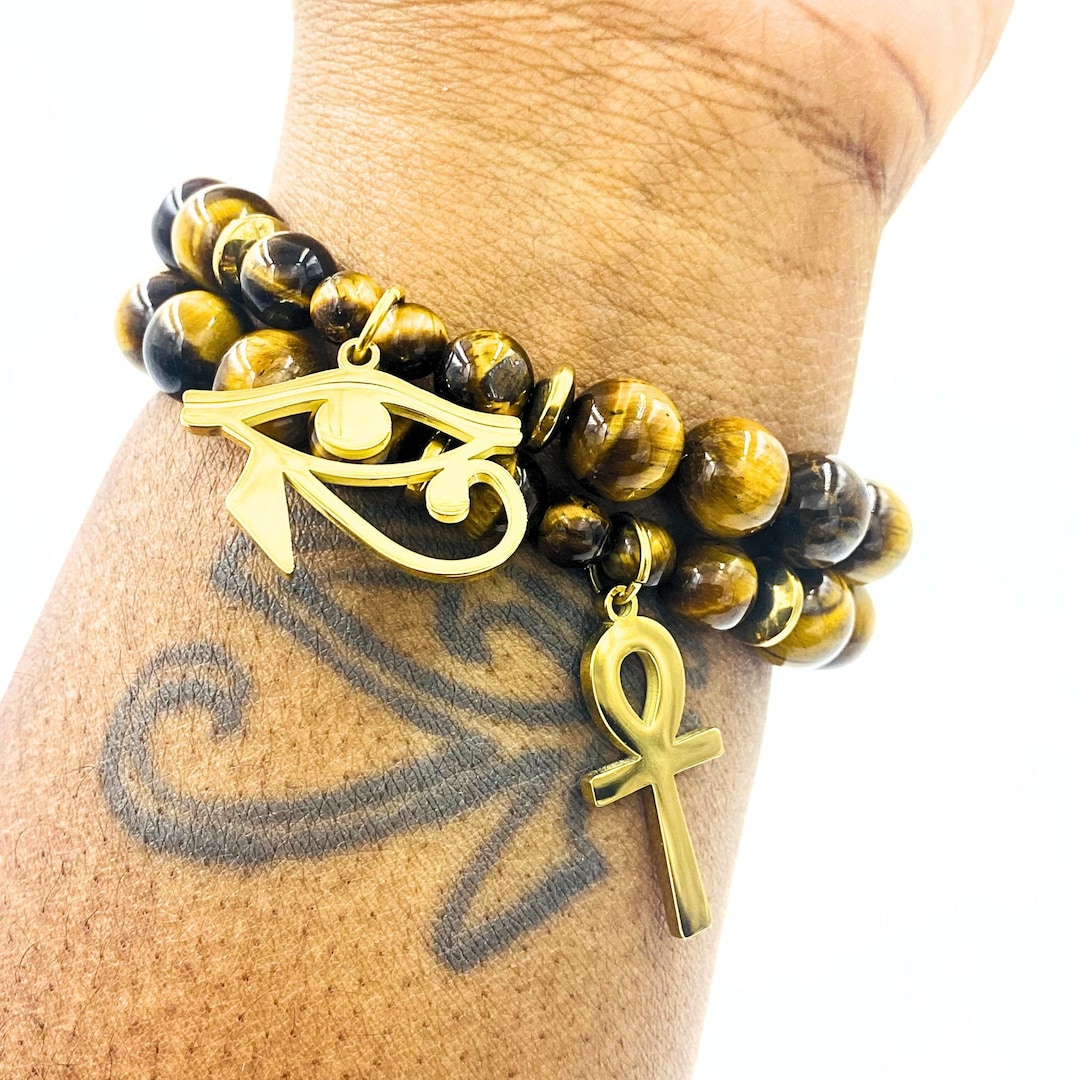 Tigers Eye and 18k Gold of Heru/horus Ankh Bracelet Set, Egyptian ...